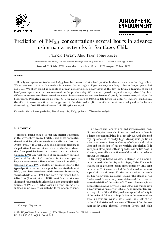 (PDF) Prediction of PM2.5 concentrations several hours in advance using neural networks in ...