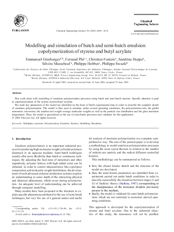 Pdf Modelling And Simulation Of Batch And Semi Batch Emulsion Copolymerization Of Styrene And
