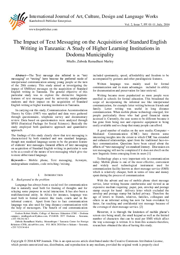 Pdf The Impact Of Text Messaging On The Acquisition Of Standard English Writing In Tanzania A