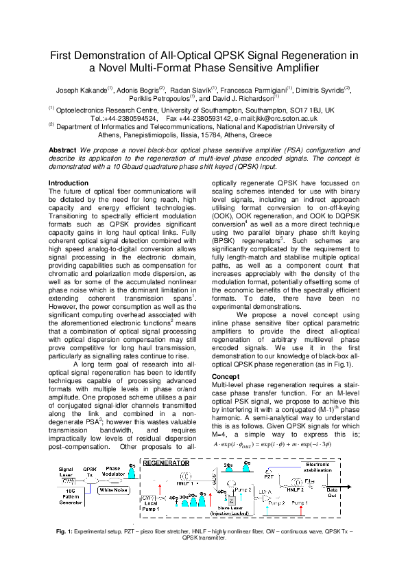 (PDF) First demonstration of all-optical QPSK signal regeneration in a novel multi-format phase ...