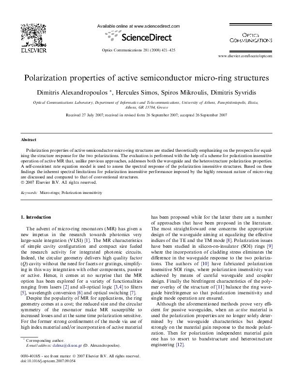 (PDF) Polarization properties of active semiconductor micro-ring structures