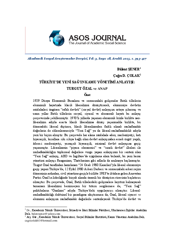 (PDF) Türkiye'de Yeni Sağ'ın Kamu Yönetimi Anlayışı: Turgut Özal ve ANAP