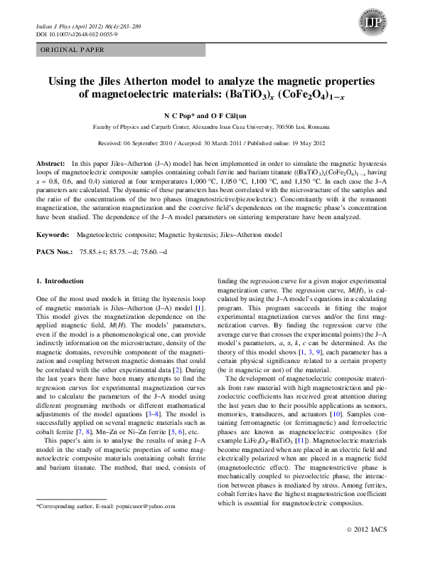 (PDF) Using the Jiles Atherton model to analyze the magnetic properties of magnetoelectric ...