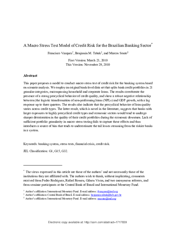(PDF) A Macro Stress Test Model of Credit Risk for the Brazilian ...