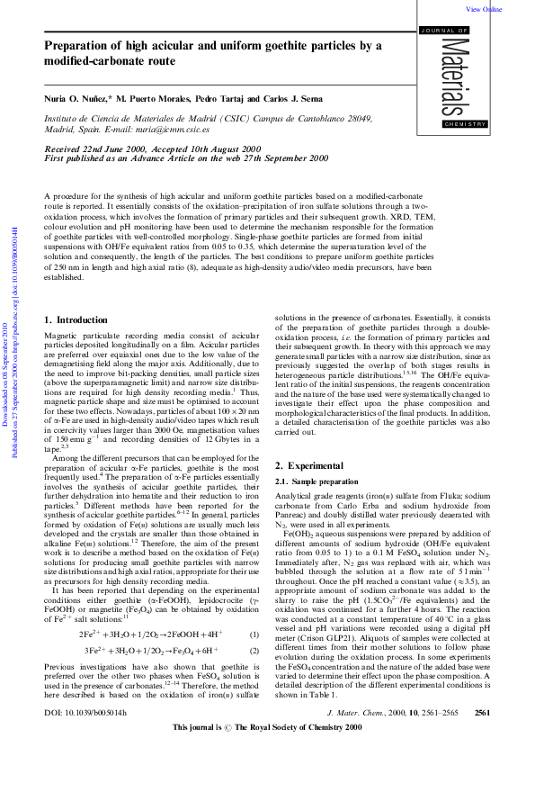 (PDF) Preparation of high acicular and uniform goethite particles by a ...