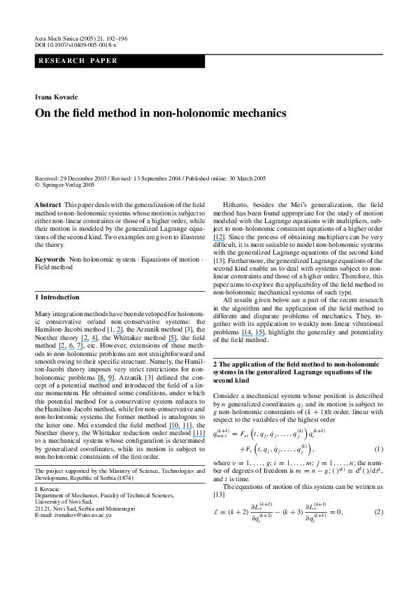 (PDF) On the field method in non-holonomic mechanics