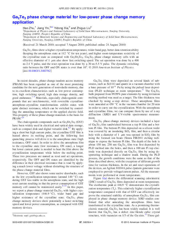 (PDF) Ga2Te3 Phase Change Memory for Low Power