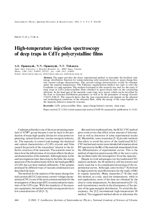 (PDF) High-temperature injection spectroscopy of deep traps in CdTe ...