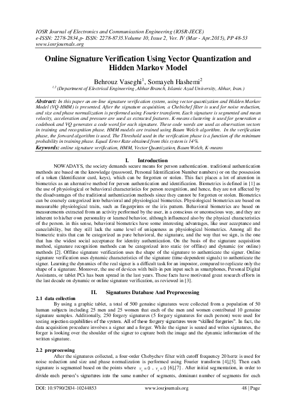 Pdf Online Signature Verification Using Vector Quantization And Hidden Markov Model Iosr