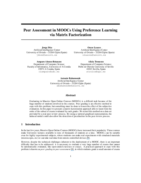 Pdf Peer Assessment In Moocs Using Preference Learning Via Matrix Factorization