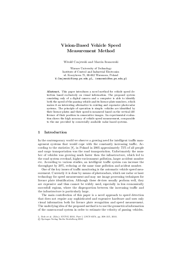 Pdf Vision Based Vehicle Speed Measurement Method