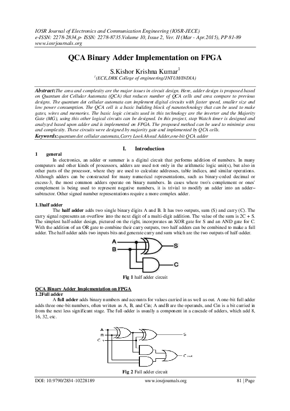 Pdf Qca Binary Adder Implementation On Fpga