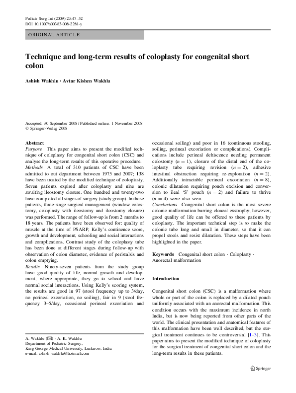 (PDF) Technique and long-term results of coloplasty for congenital ...