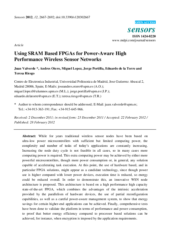 (PDF) Using SRAM Based FPGAs for Power-Aware High Performance Wireless Sensor Networks