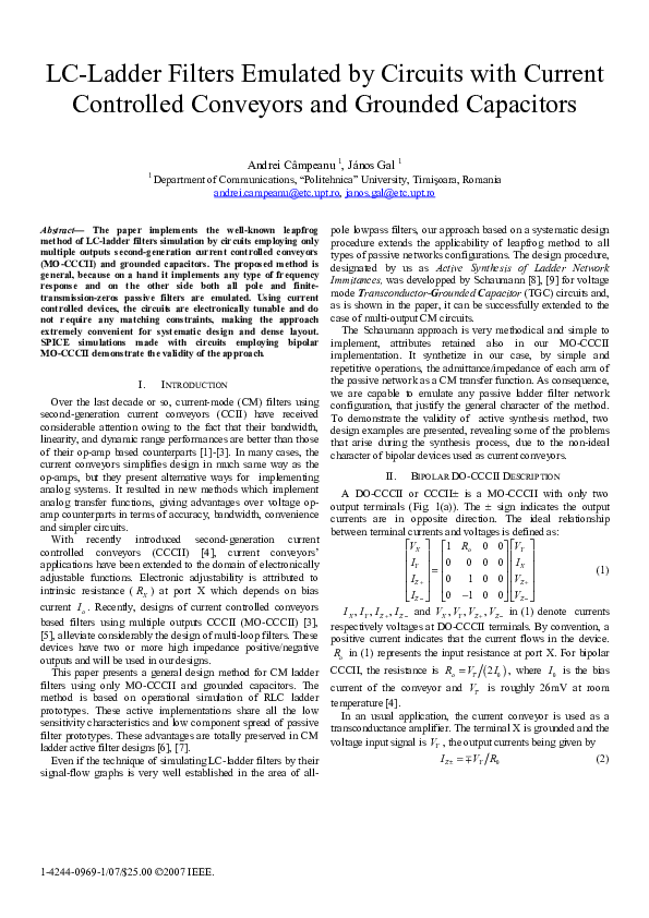 (PDF) LC-Ladder Filters Emulated by Circuits with Current Controlled Conveyors and Grounded ...