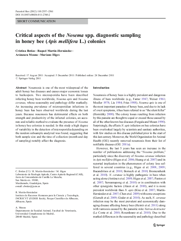 (PDF) Critical aspects of the Nosema spp. diagnostic sampling in honey ...