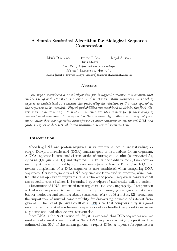 Pdf A Simple Statistical Algorithm For Biological Sequence Compression Minh Cao