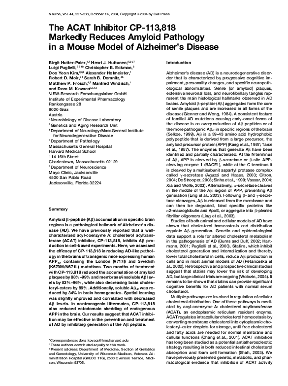 (PDF) The ACAT Inhibitor CP-113,818 Markedly Reduces Amyloid Pathology in a Mouse Model of ...