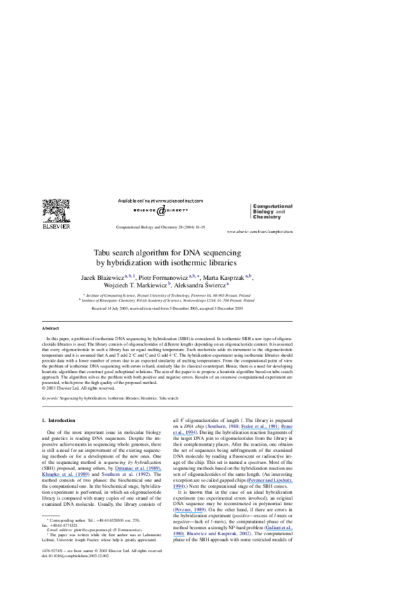 Pdf Tabu Search Algorithm For Dna Sequencing By Hybridization With Isothermic Libraries 1764