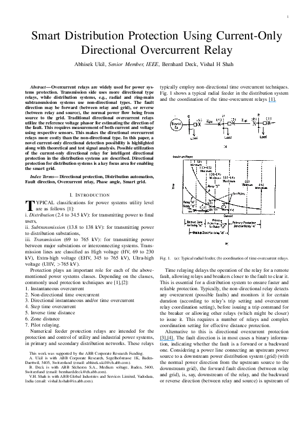 Pdf Smart Distribution Protection Using Current Only Directional Overcurrent Relay