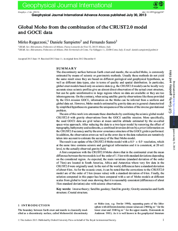 (PDF) Global Moho from the combination of the CRUST2.0 model and GOCE data | Daniele Sampietro ...
