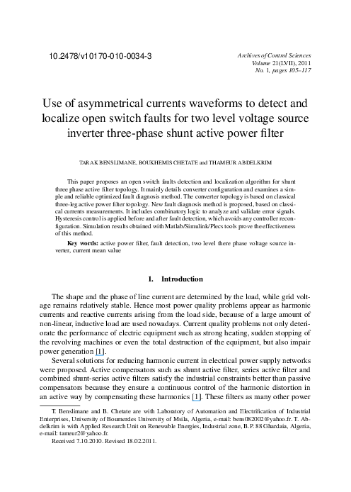 Pdf Use Of Asymmetrical Currents Waveforms To Detect And Localize Open Switch Faults For Two 