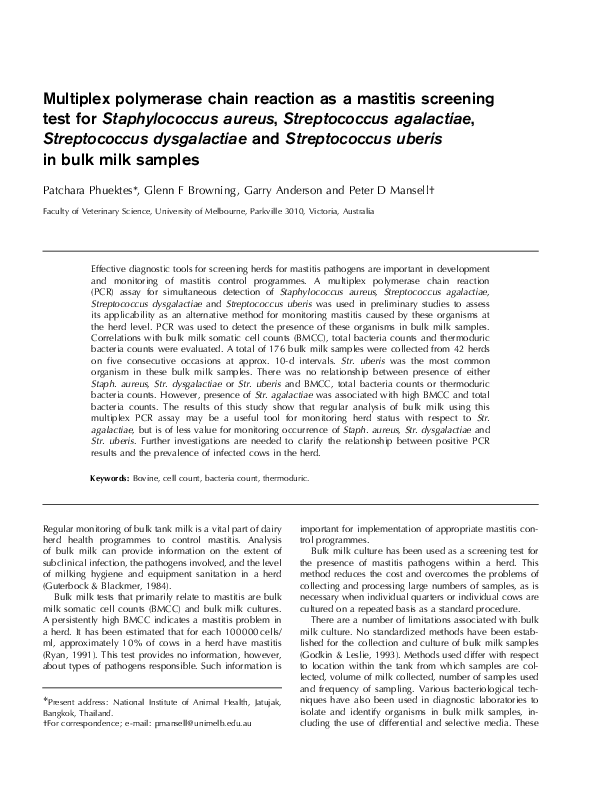 (PDF) Multiplex polymerase chain reaction as a mastitis screening test ...