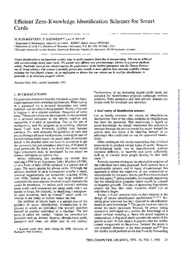 (PDF) Efficient Zero-Knowledge Identification Schemes for Smart Cards