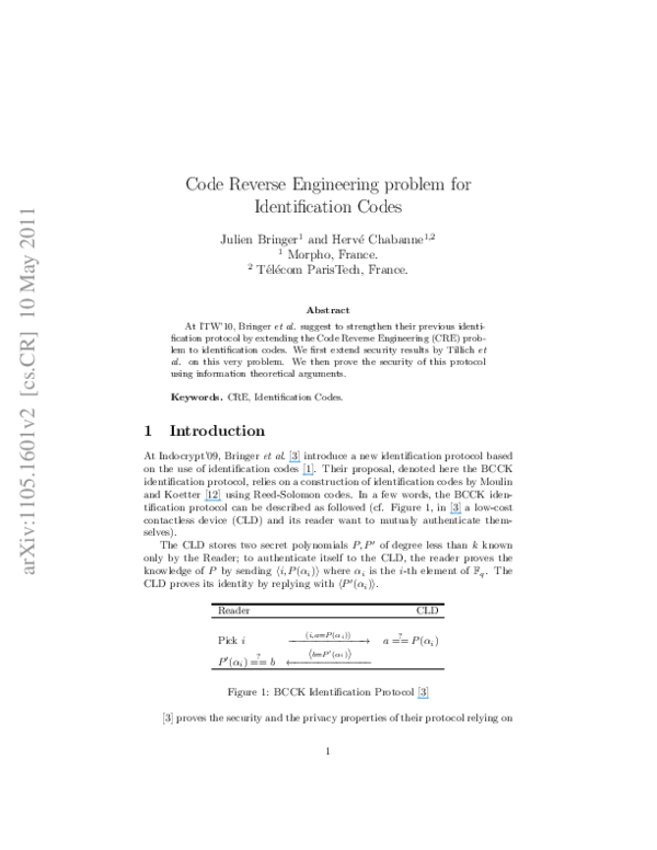 (PDF) Code Reverse Engineering Problem for Identification Codes | Herve ...