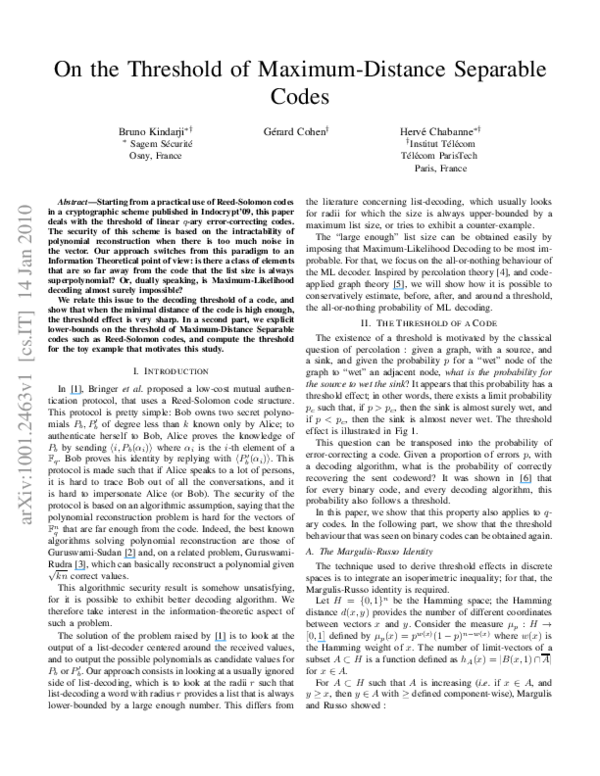 (PDF) On the threshold of Maximum-Distance Separable codes | Herve Chabanne, Gerard Cohen, and ...