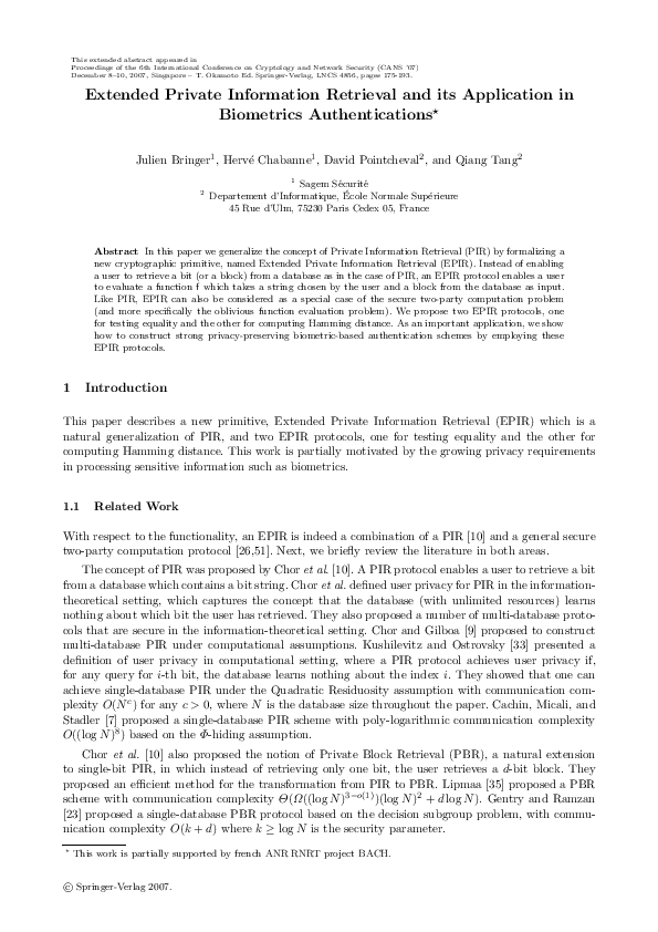 (PDF) Extended Private Information Retrieval and Its Application in Biometrics Authentications