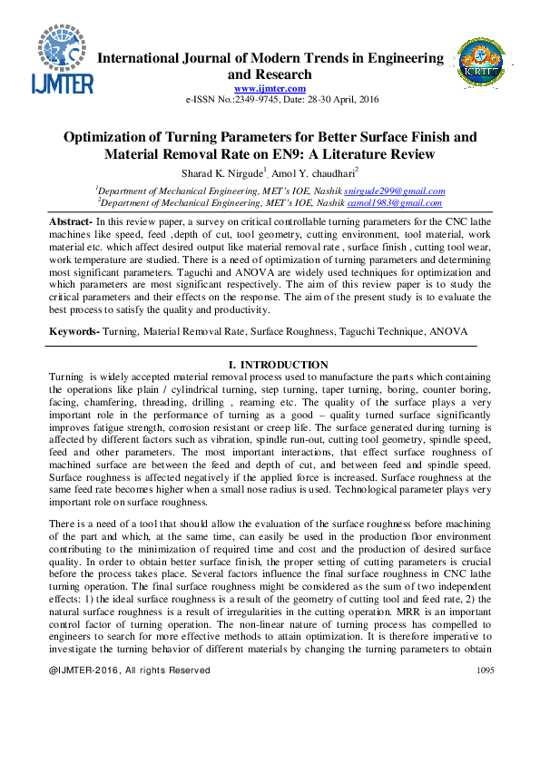 Pdf Optimization Of Turning Parameters For Better Surface Finish And