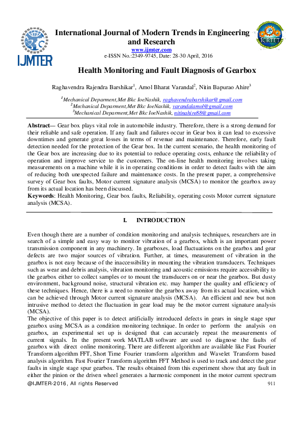 (PDF) Health Monitoring and Fault Diagnosis of Gearbox