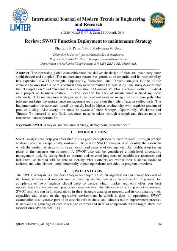 (PDF) Review: SWOT Function Deployment to maintenance Strategy