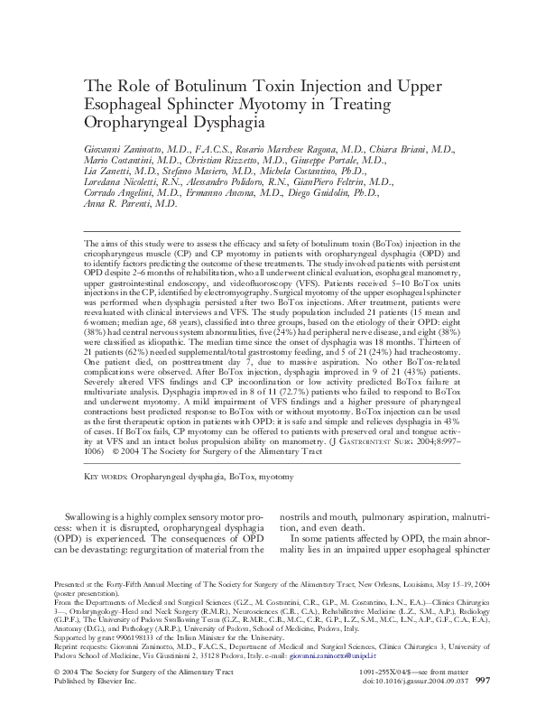 (PDF) The Role of Botulinum Toxin Injection and Upper Esophageal ...