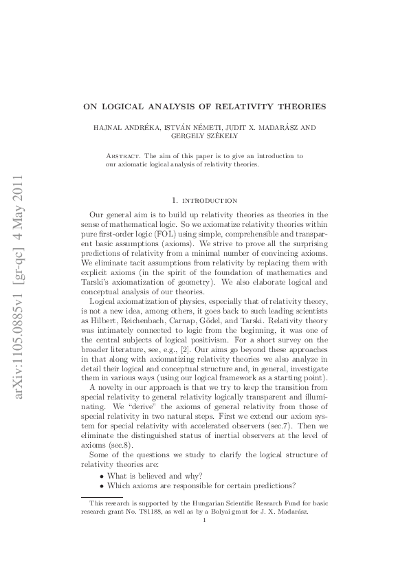 (PDF) On Logical Analysis of Relativity Theories