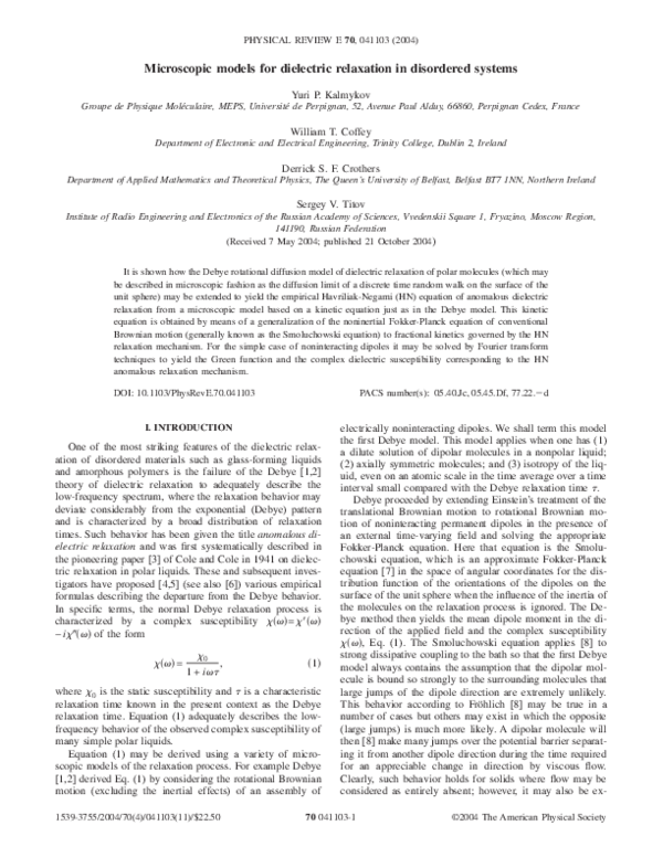 (PDF) Microscopic models for dielectric relaxation in disordered systems