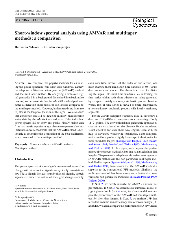 Pdf Short Window Spectral Analysis Using Amvar And Multitaper Methods