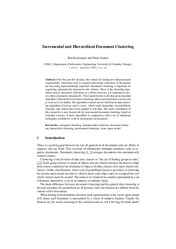 Pdf Incremental And Hierarchical Document Clustering