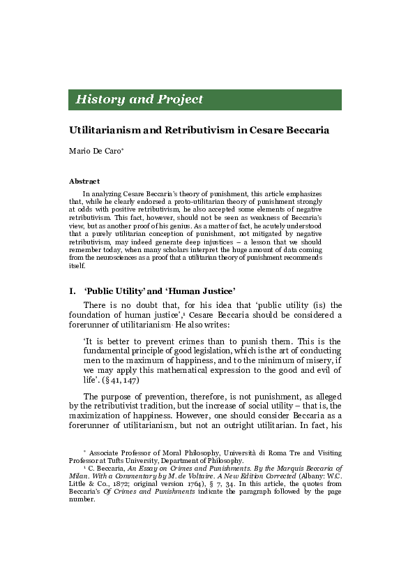 (PDF) Mario De Caro - Utilitarianism and Retributivism in Cesare Beccaria
