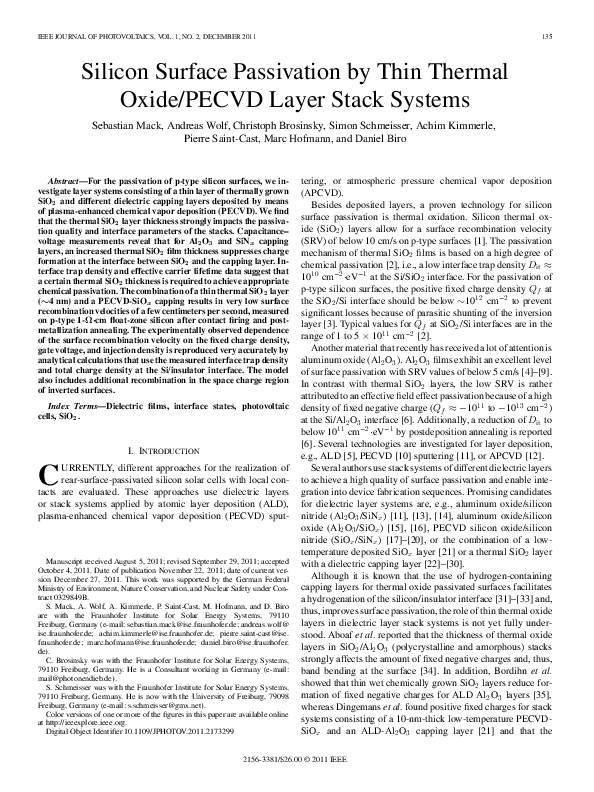 (PDF) Silicon Surface Passivation by Thin Thermal Oxide/PECVD Layer Stack Systems
