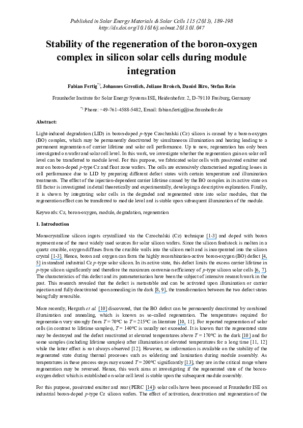(PDF) Stability of the regeneration of the boron–oxygen complex in ...