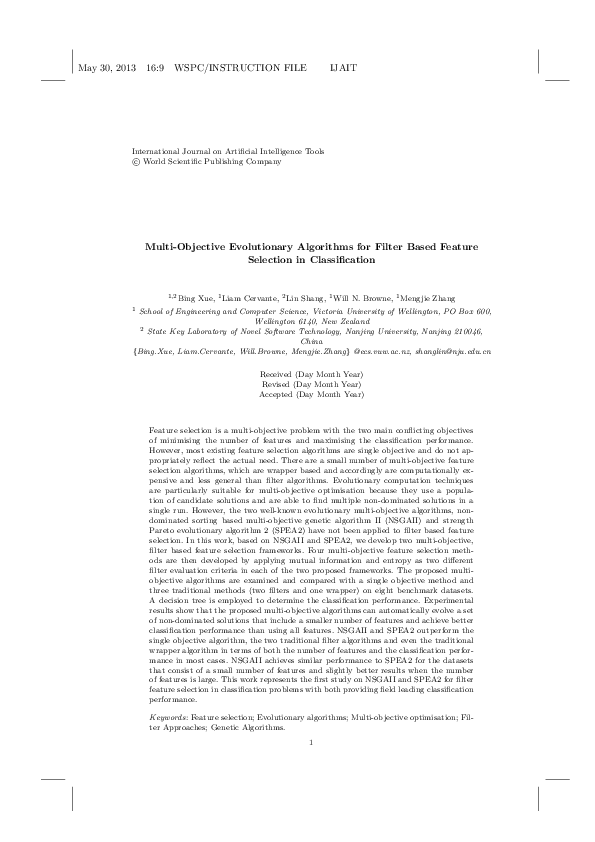 Pdf Multi Objective Evolutionary Algorithms For Feature Selection Application In Bankruptcy