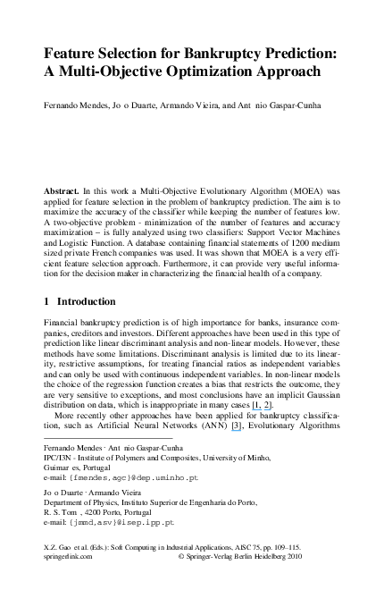 Pdf Feature Selection For Bankruptcy Prediction A Multi Objective Optimization Approach