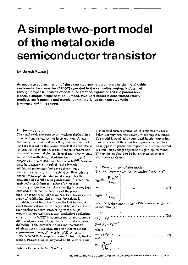 Pdf A Simple Two Port Model Of The Metal Oxide Semiconductor Transistor