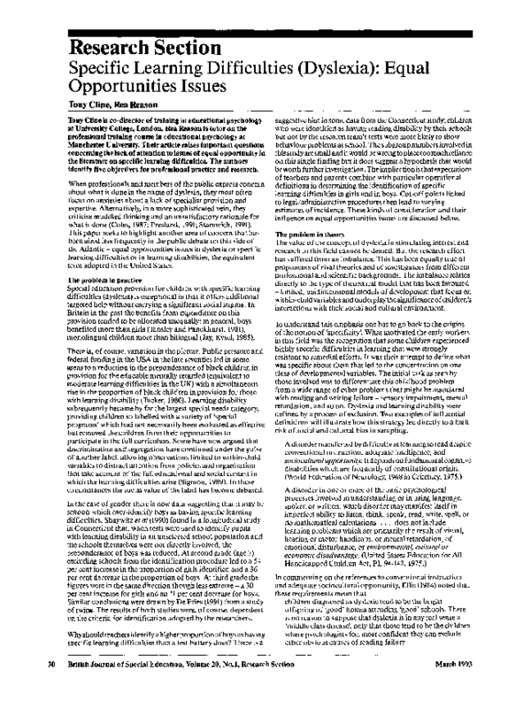 Pdf Specific Learning Difficulties Dyslexia Equal Opportunities Issues