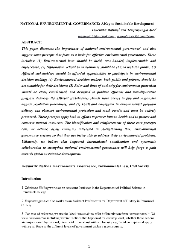 (DOC) NATIONAL ENVIRONMENTAL GOVERNANCE: A Key to Sustainable Development