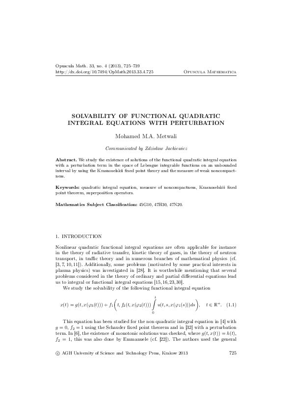 Pdf Solvability Of Functional Quadratic Integral Equations With Perturbation