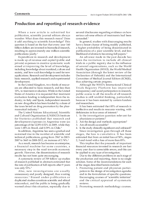 (PDF) Production and reporting of research evidence