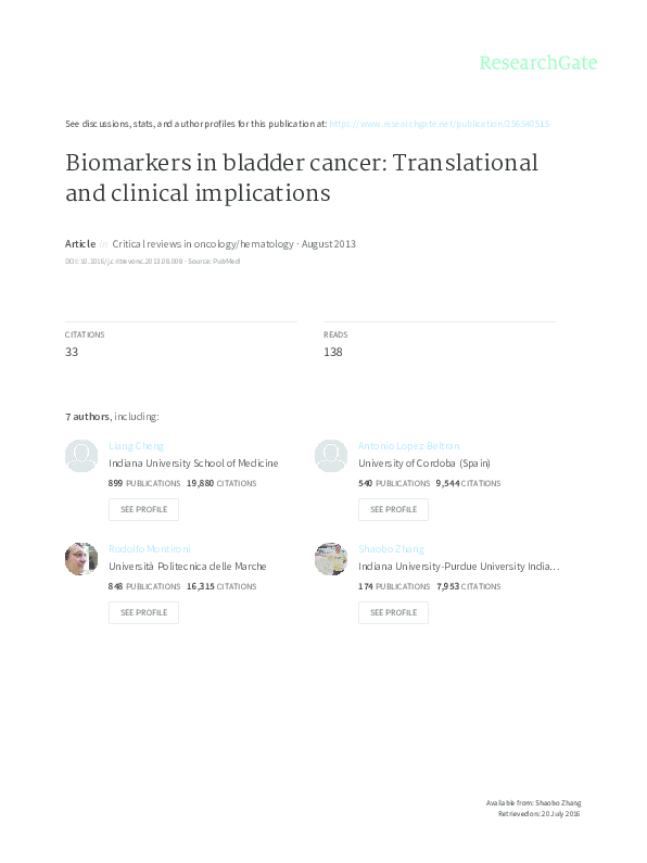 (PDF) Biomarkers in bladder cancer: Translational and clinical implications